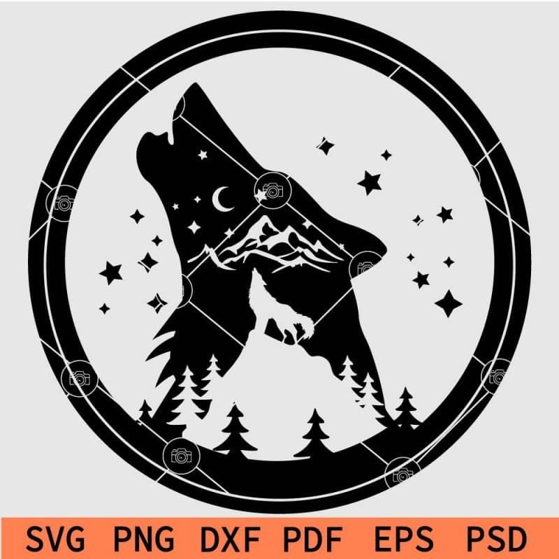 Howling wolf svg, wolf and mountain svg, wolf moon and stars, wolf ...