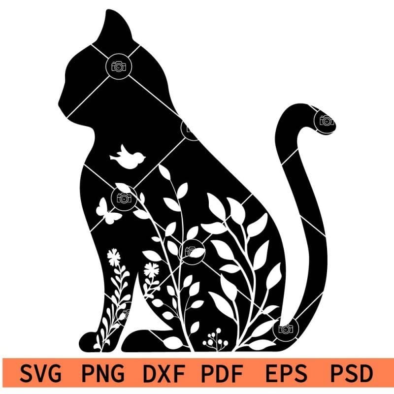 Floral Cat sitting SVG, Domestic Cat SVG, Cat Stencil SVG, Cat Flowers SVG