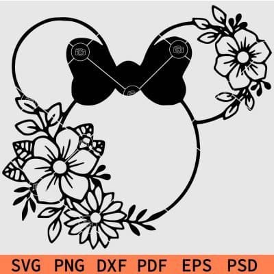 Floral Minnie Mouse svg, Floral Minnie Head with Bow SVG, Floral Disney SVG