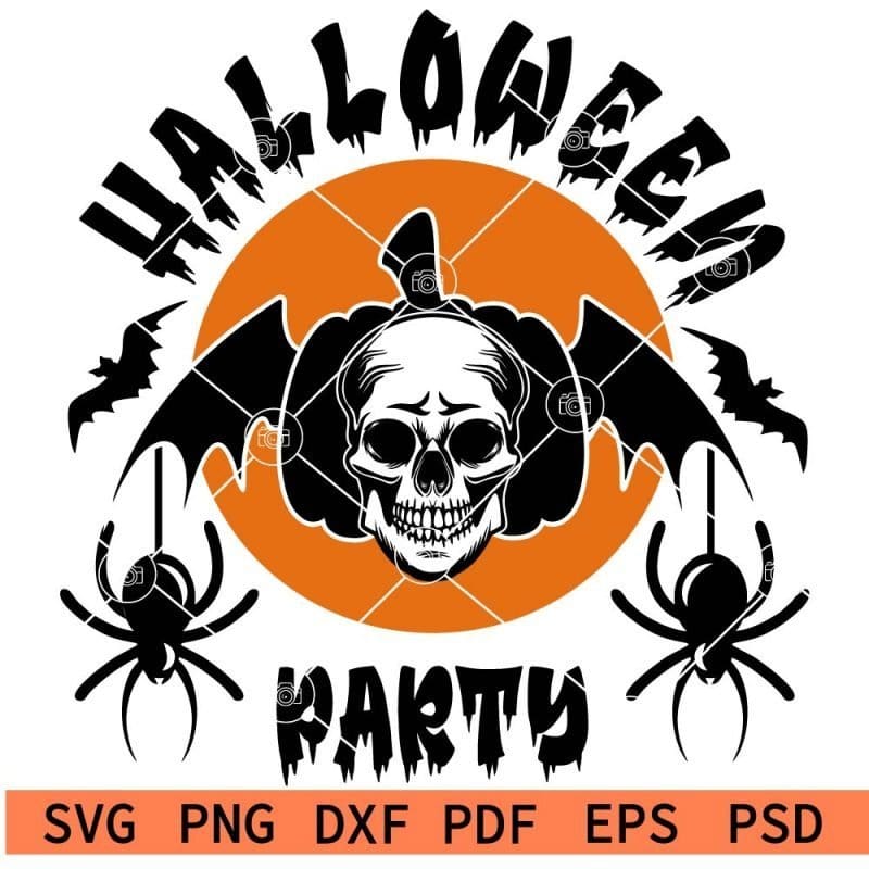 Halloween party skeleton SVG, Halloween Skull Bat and Spiders SVG ...