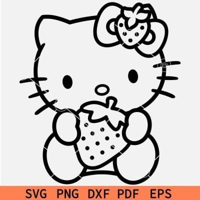 Cute Cat with Strawberry and Bow Line art SVG, Hello Kitty Strawberry ...