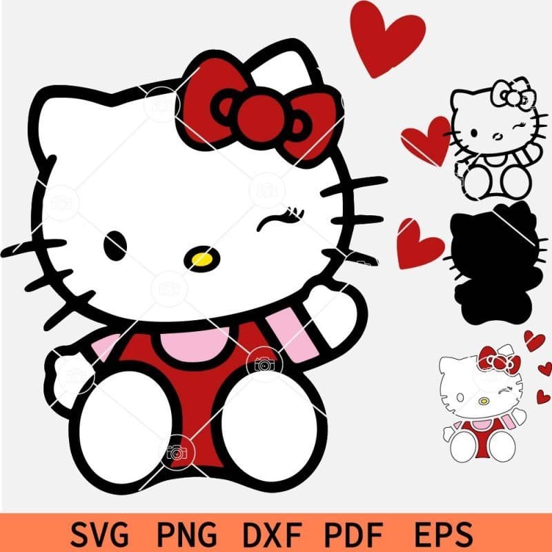 Winking Valentine Kitten with Bow SVG, Layered Hello Kitty Valentine’s ...