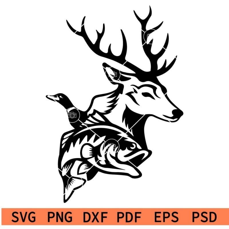 Duck Deer and fish svg, Duck Deer Fish Stencil svg, Buck head svg Duck Deer and fish svg, Duck Deer Fish Stencil svg, Buck head svg