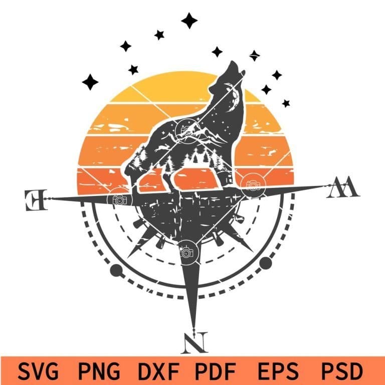 Camping Compass Wolf SVG, Explorer Natural Animals Wolf SVG