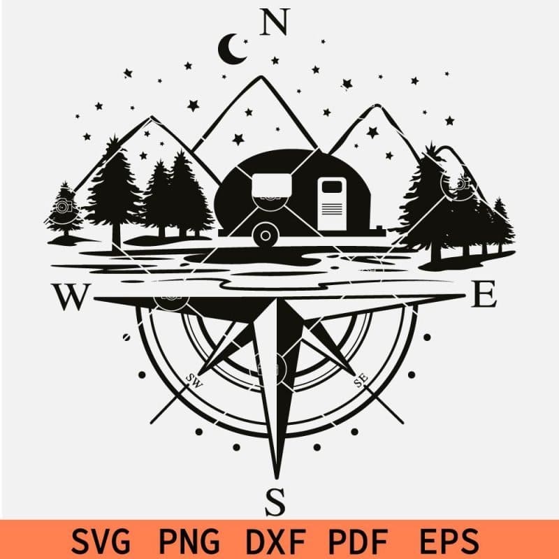 Compass with Mountain SVG, Camping Compass SVG, Compass Night Scenery SVG
