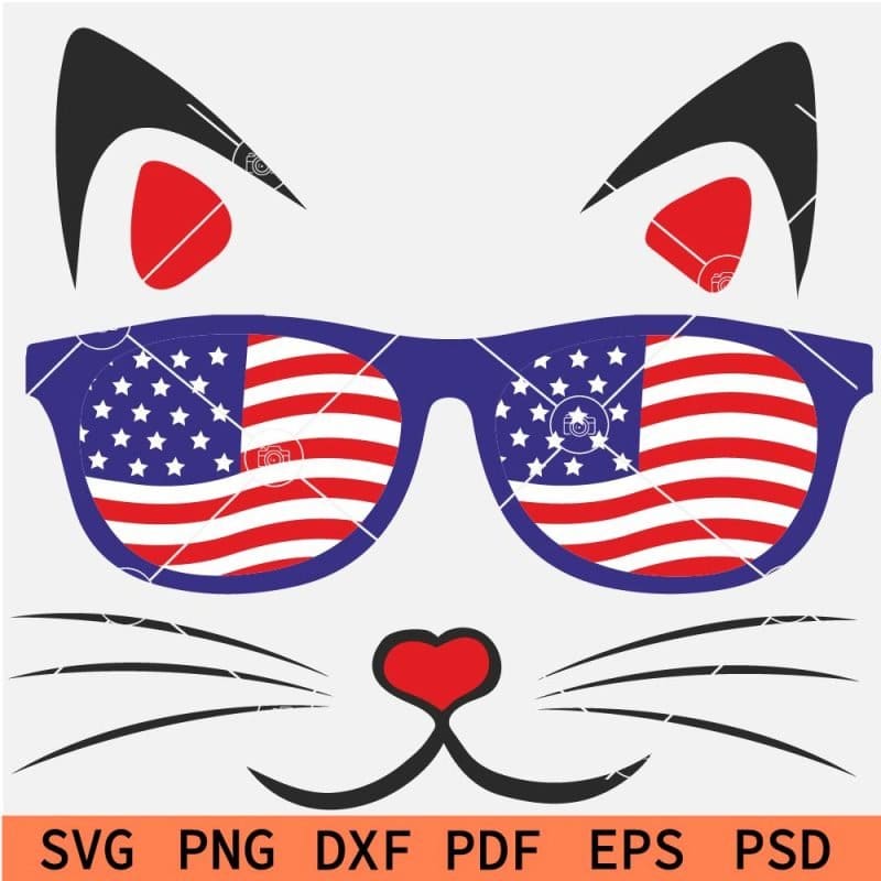 Patriotic Cat Head With Sunglasses SVG, Cat Head with US Flag ...
