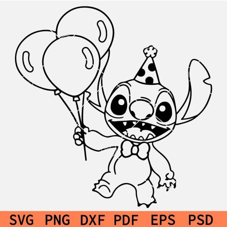 Stitch with birthday hat and balloons SVG, Birthday Stitch Outline SVG