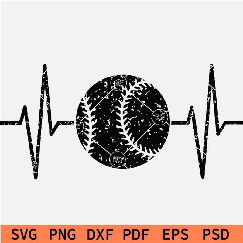 Grunge Baseball Heartbeat SVG, Distressed Baseball Ball Heart Rate SVG