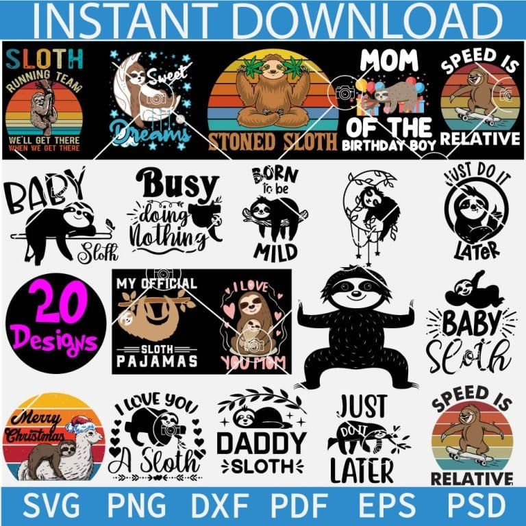 Sloth Silhouette Bundle SVG, Sloth Vector SVG Bundle, Sloth Stencil ...