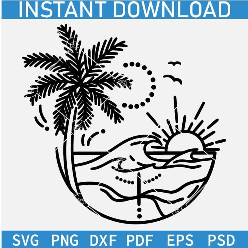 Sunset on Beach Scene SVG, Palm tree on beach sunset SVG, Ocean in the ...