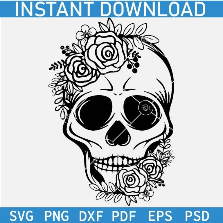 Happy Skull with Flowers Silhouette SVG, Flowers bouquet Skull smiling SVG, Floral Skull vector SVG