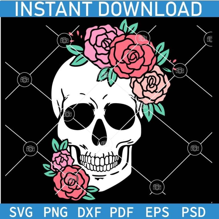 Skull With Color Rose Floral Crown SVG, Colored Rose Flower Skull ...