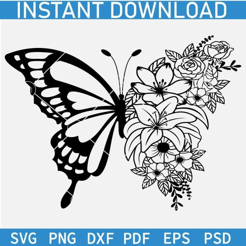 Half Butterfly Half Flower Outline