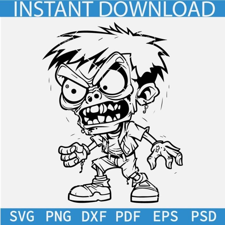 Zombie Boy Transparent Line art SVG, Angry Zombie Boy Cartoon SVG
