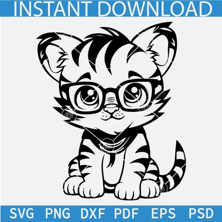 Black Baby Tiger sitting with sunglasses SVG, Cartoon Baby Tiger with ...