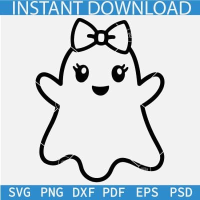 Cute Ghost outline SVG, Ghost Girl with Bow Sketch SVG, Boo Kawaii ...