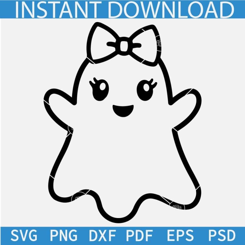 Cute Ghost outline SVG, Ghost Girl with Bow Sketch SVG, Boo Kawaii ...