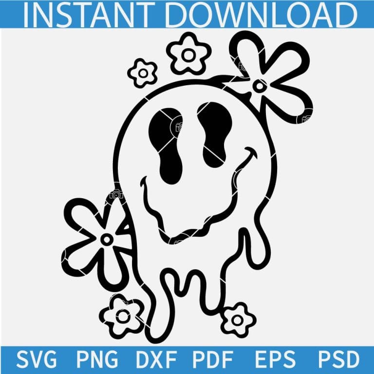 Floral Drippy Face SVG, Drippy Smiley Face Flower SVG, Retro Hippie ...