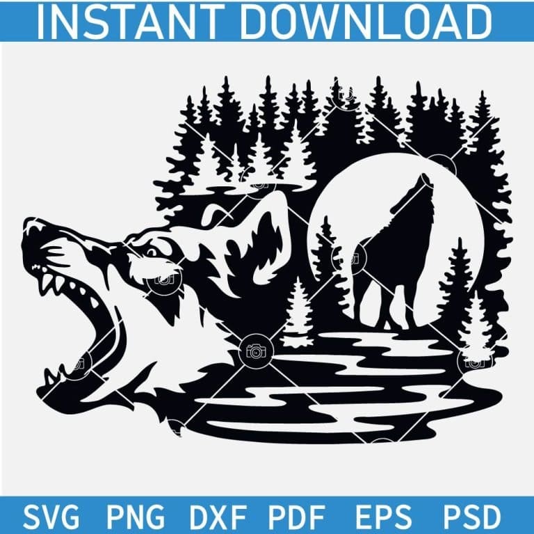 Aggressive wolf stencil SVG, Howling Wolf Pine Trees SVG, Charging wild ...