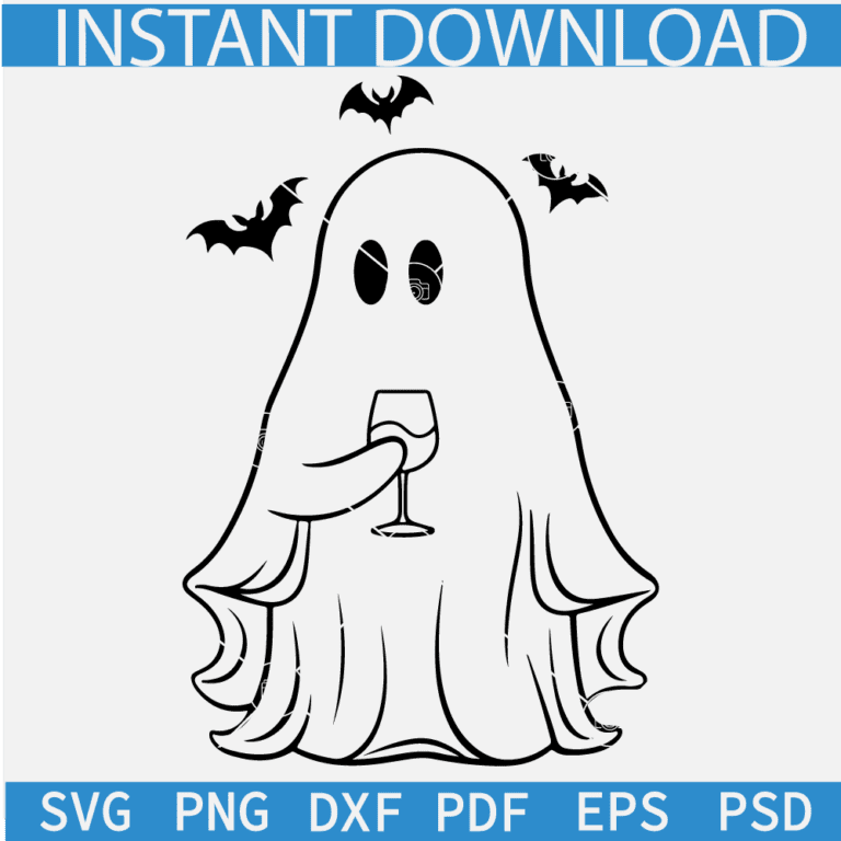 Ghost With Wine Glass SCG, Halloween Cute Ghost SVG, Ghost and bats ...