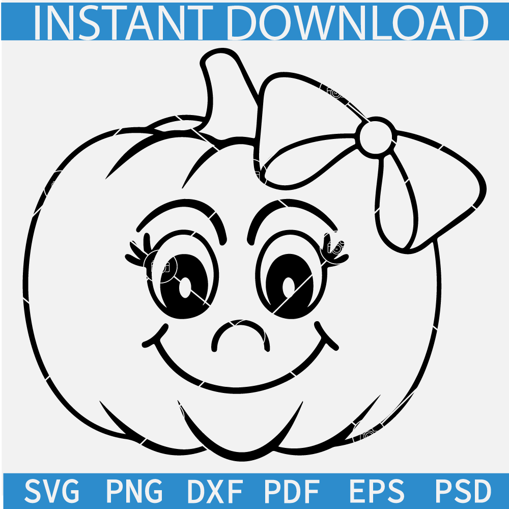 Cute Pumpkin Line Art Svg Pumpkin With Bow Svg Pumpkin Girl Face Svg Girl Pumpkin Sketch Svg